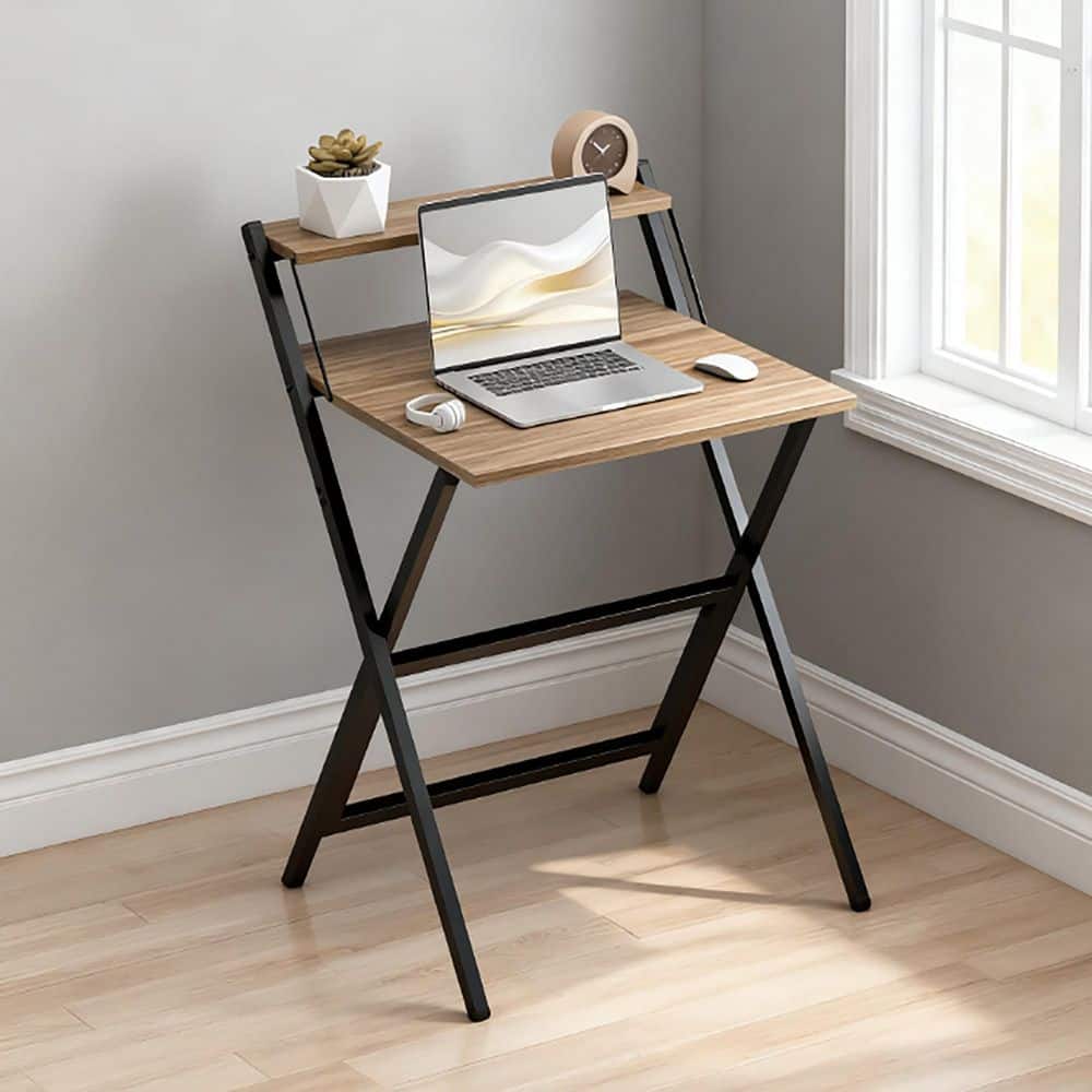 25.8 in. Rectangular Black and Walnut MDF and Steel Desk with Monitor ...