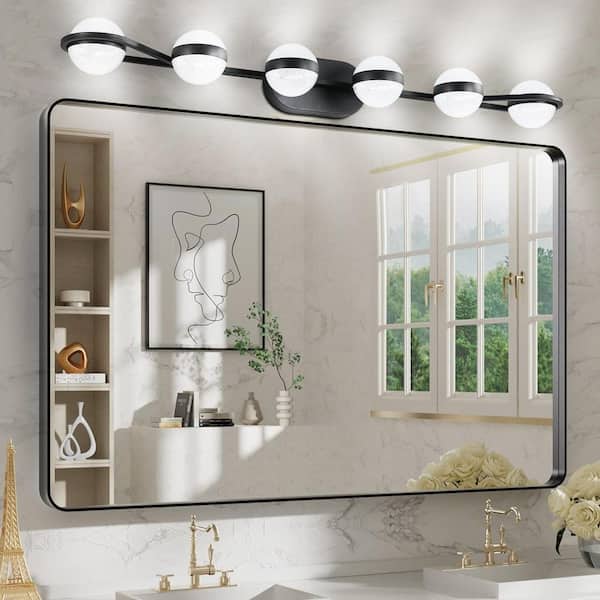 LINJO 43 in. 6-Light Black Minimalist LED Vanity Light Over Mirror Bath ...