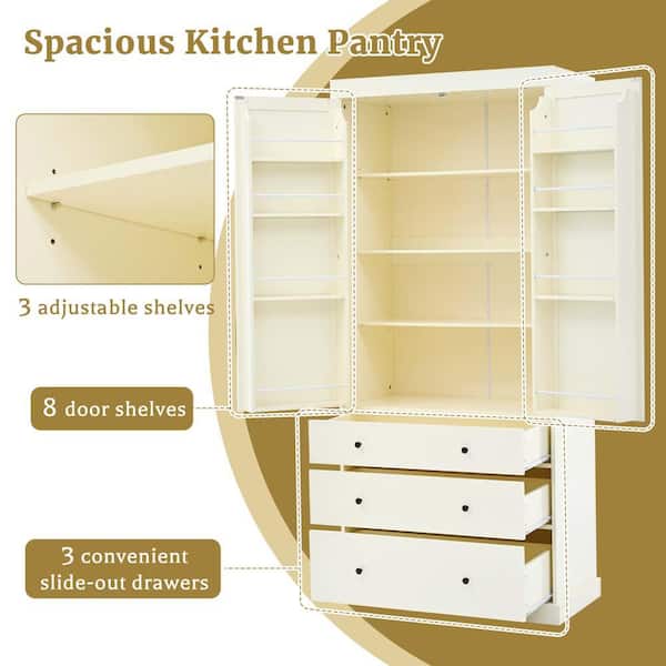 Lycvki 77 in. Wood Pantry Organizer with 3 Adjustable Shelves 8 Door Shelves 3 Drawers in Cream
