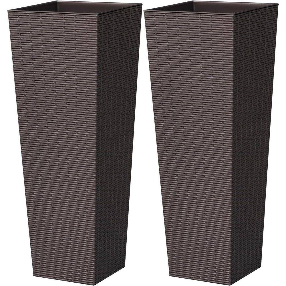 Unbrand 32 in. Tall Plastic Planters (2-Pack) Brown Rattan Texture ...