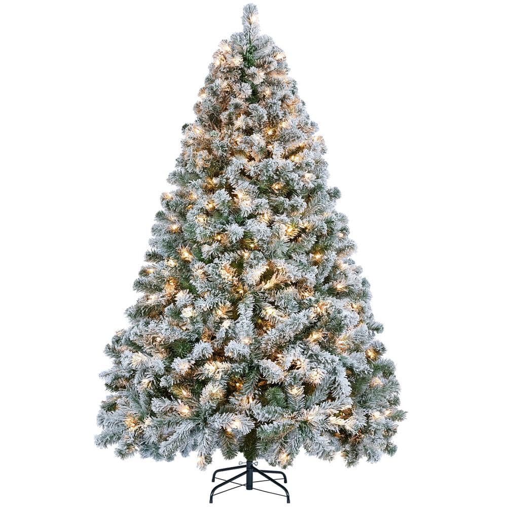 Yaheetech Pre-Lit Flocked Artificial Christmas Tree Hinged Fir Holiday ...