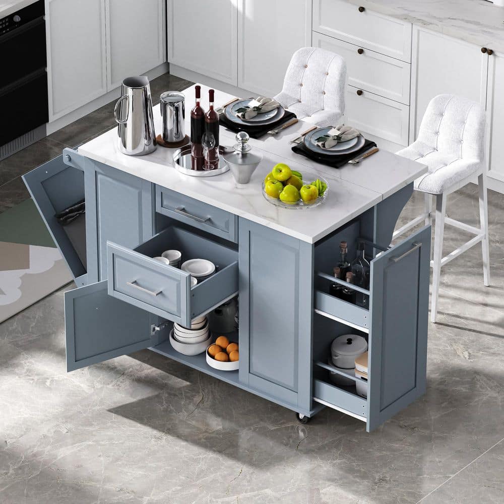 Harper & Bright Designs Gray Blue Wood 50.7 in. Kitchen Cart with Drop ...
