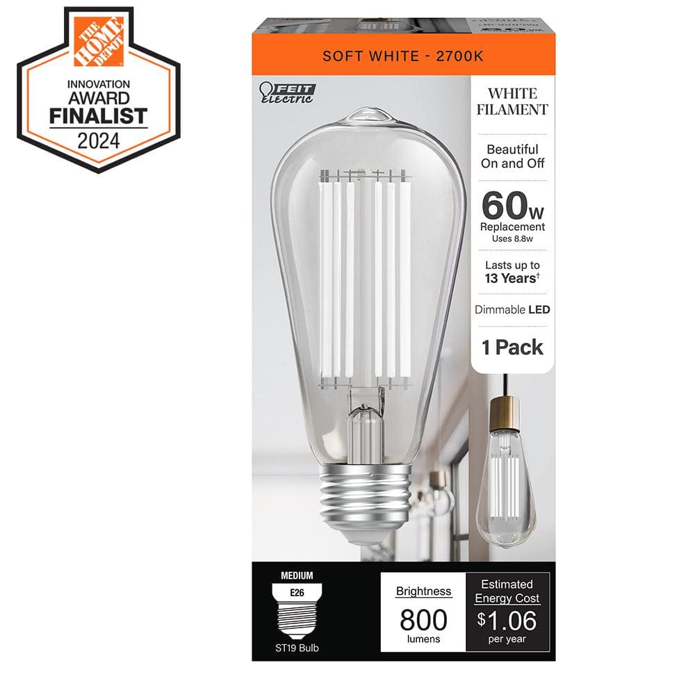 Feit Electric 60-Watt Equivalent ST19 Dimmable White Filament Clear Glass E26 Vintage Edison LED ...