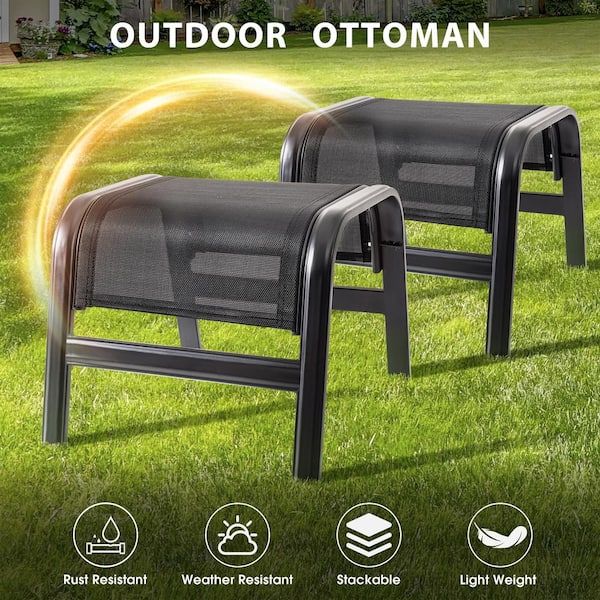 AURA OUTDOOR 2 Pieces Outdoor Textile Metal Outdoor Portable Footstool Black TSLO 01 BK