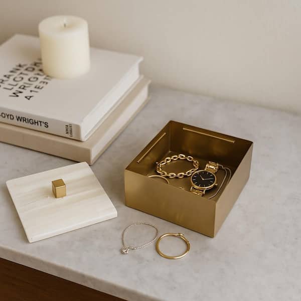 Liv & Skye White/Gold 6.25 in. x 4 in. Stone Square Lidded Decorative ...