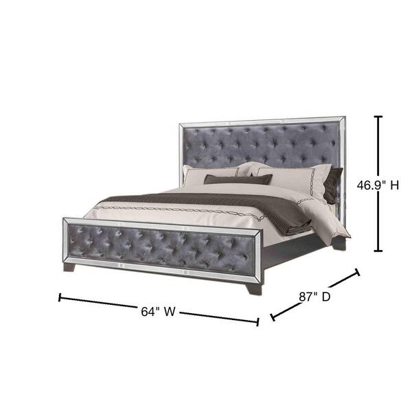 Best Master Furniture Barbara Dark Gray Queen Tufted Mirrored Bed B1004Q