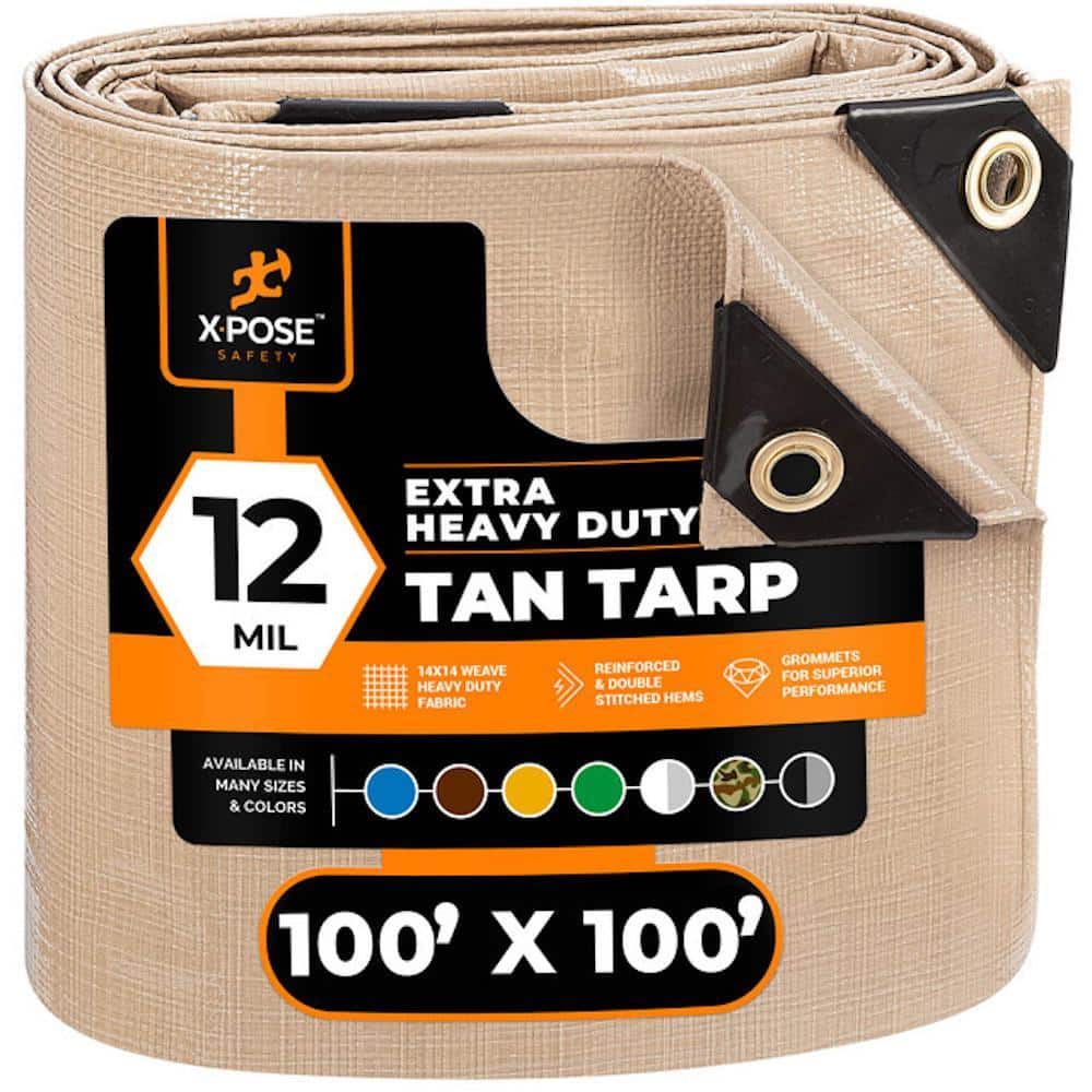 XPOSE SAFETY Heavy-Duty Tan Poly Tarp 100 ft. x 100 ft. Multi-Purpose ...