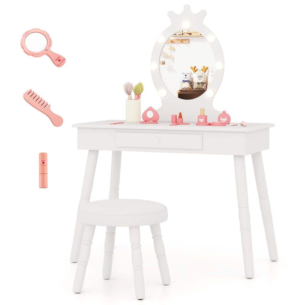Costway 2-Piece Wood Top White Kids Vanity Set Princess Vanity Table ...