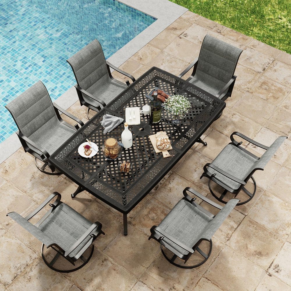 Mondawe 7-Piece Cast Aluminum Patio Outdoor Dining Set with Rectangular ...