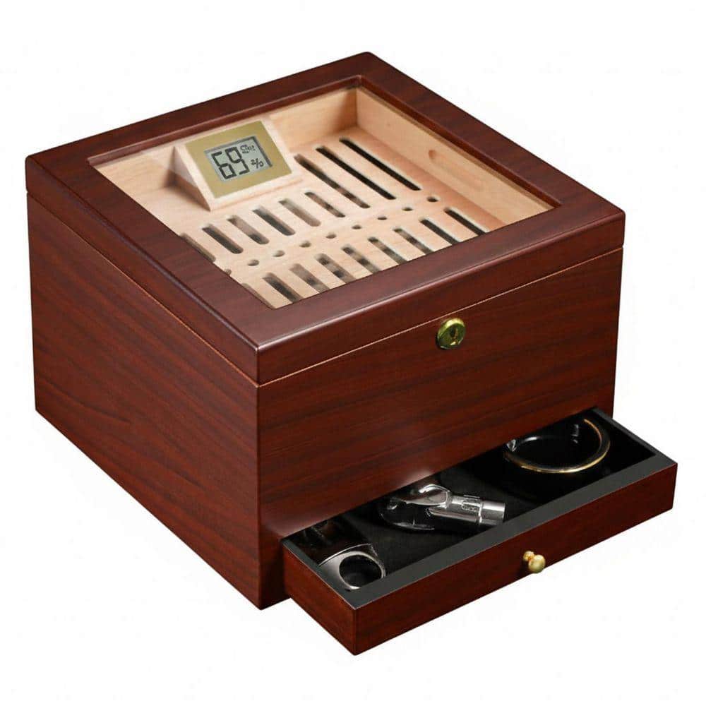 9.8 in. W x 6.9 in. H Dark Walnut Spanish Cedar Wood Cigar Humidor with ...