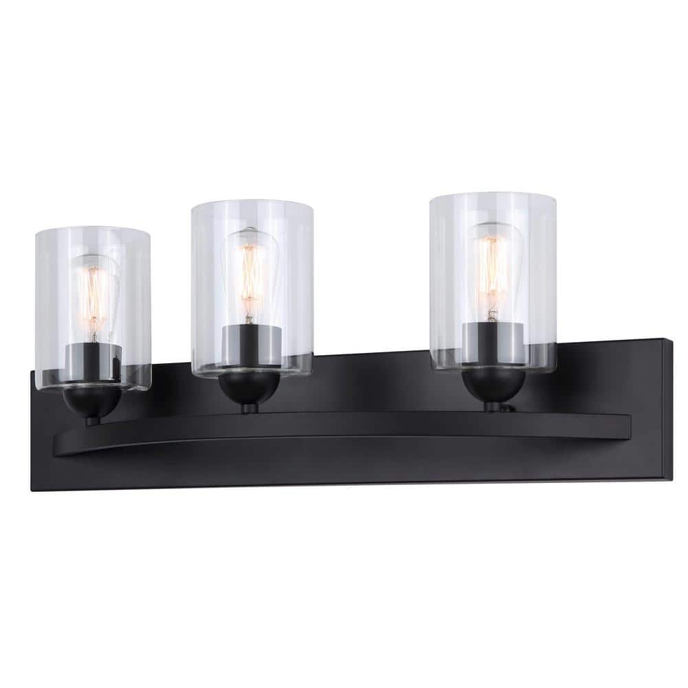 CANARM Hampton 24 in. 3-Light Matte Black Vanity Light with Clear Glass ...