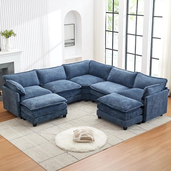 JEAREY 113.4 in. Width Royal Blue Chenille Fabric Straight Arm U-Shaped ...