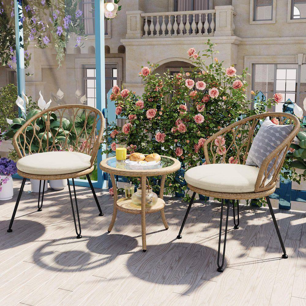 HomeAura 3-Piece Wicker Outdoor Bistro Set with Beige Cushions in ...
