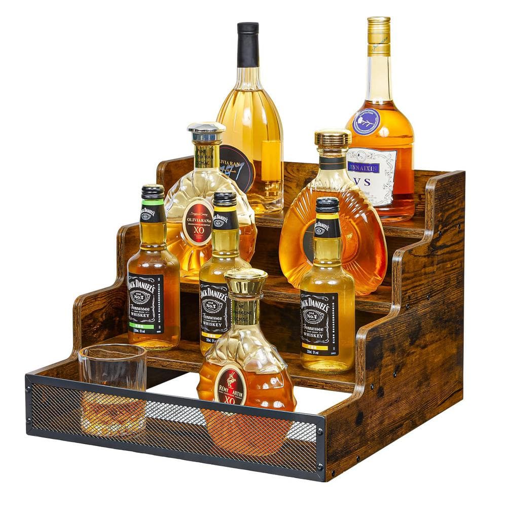 Numhew 4 Step Countertop Liquor Bottle Display Shelf, Wood Bar Shelves ...
