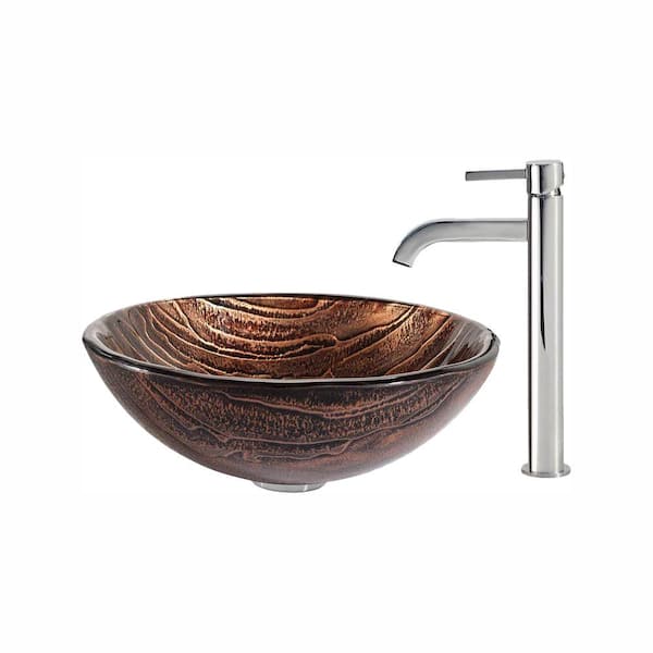 KRAUS Gaia Glass Vessel Sink in Brown with Ramus Faucet in Chrome C-GV ...