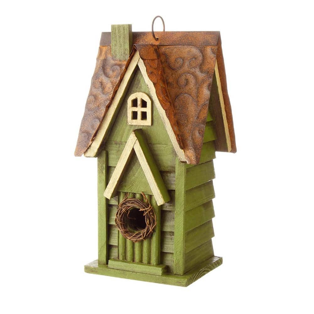 Justincity 12 in. Rustic Green Finish Wood Bird House Hanging ...