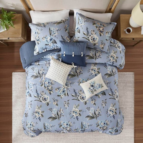 7-Pieces Queen Blue Vintage Floral Print Cotton Blend Fabrics Slub ...