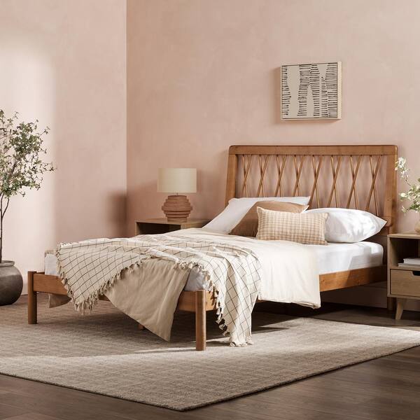 Modern Brown Solid Wood Frame Full Platform Bed with Geometric x Design Headboard