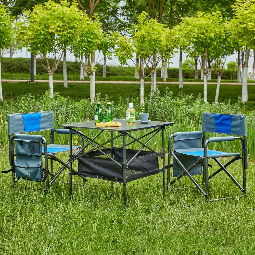 3-Piece Blue Aluminum Folding Outdoor Lawn Chairs with Black Table for ...