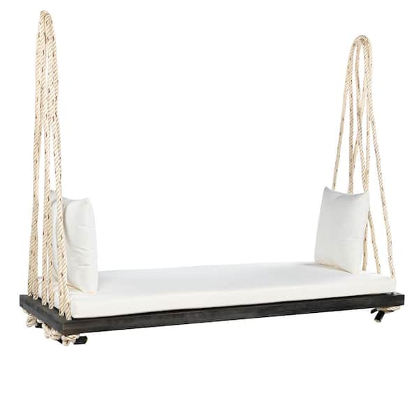 2-Person Dark Brown Wooden Porch Swing Bench with White Cushion and ...