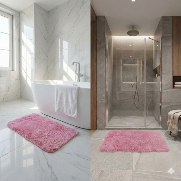 Vsmile Pink Bathroom Rugs, 3-Pieces Polyester Bath Mats Set, Anti-Slip ...