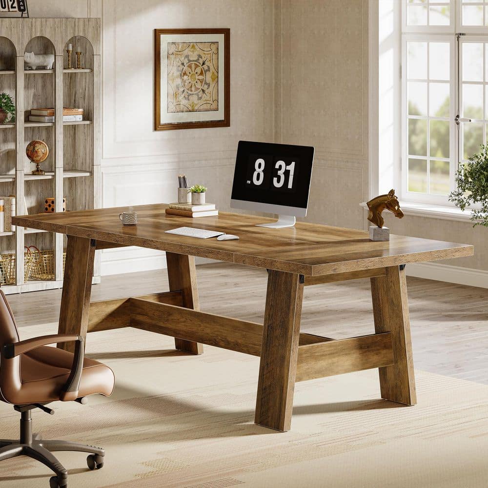 TRIBESIGNS WAY TO ORIGIN Halseey 70 in Extra Long Double Rectangular Brown Wood Computer Desk ...