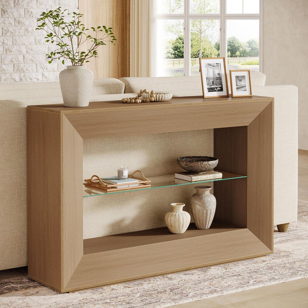 BYBLIGHT Turrella 55 in. Oak 3-Tier Sofa Table, Rectangle MDF Console ...