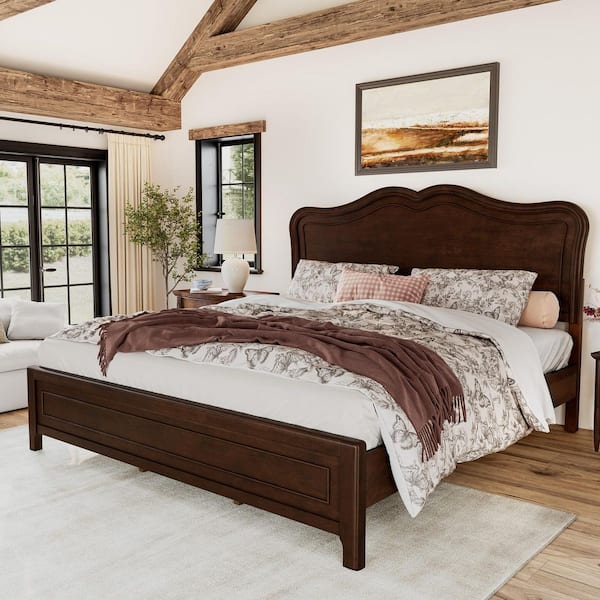 OrangeOne Dark Walnut Brown Mid-Century Modern Solid Wood Bed Frame ...