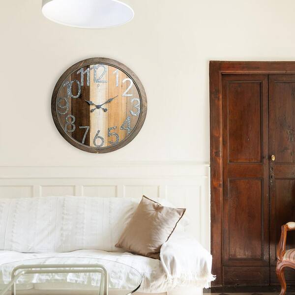 Pinnacle Rustic Wood Shiplap and Metal Gray and Brown Wall Clock-1805 ...