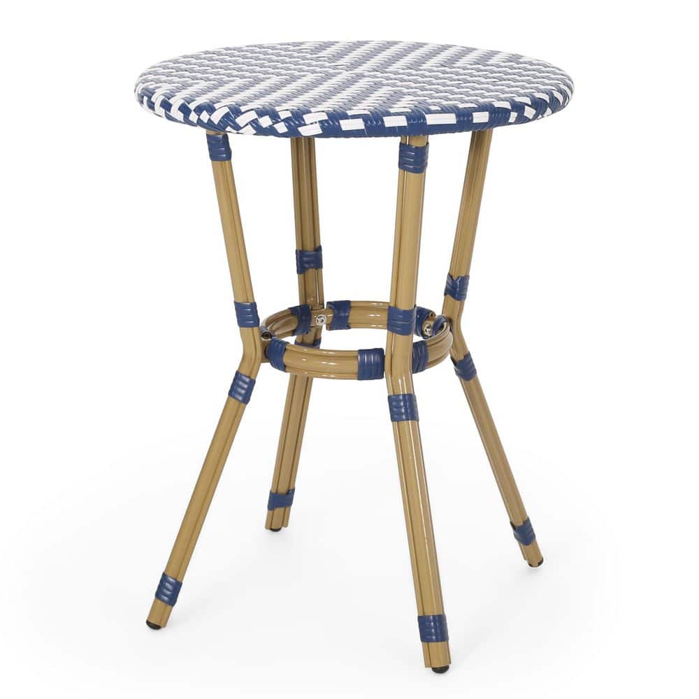 White and Blue Round Wicker Residential Outdoor Bistro Table with ...
