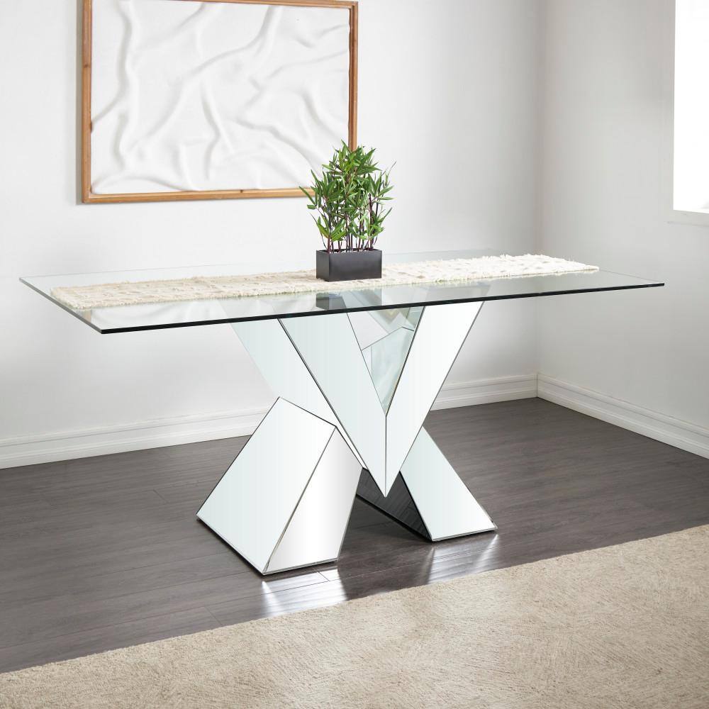 Litton Lane Glass Double Pedestal Silver Dining Table with Silver X ...