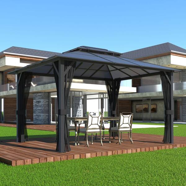 Sizzim 12 ft. x 10 ft. Hardtop Outdoor Double Roof Gazebo with Netting ...