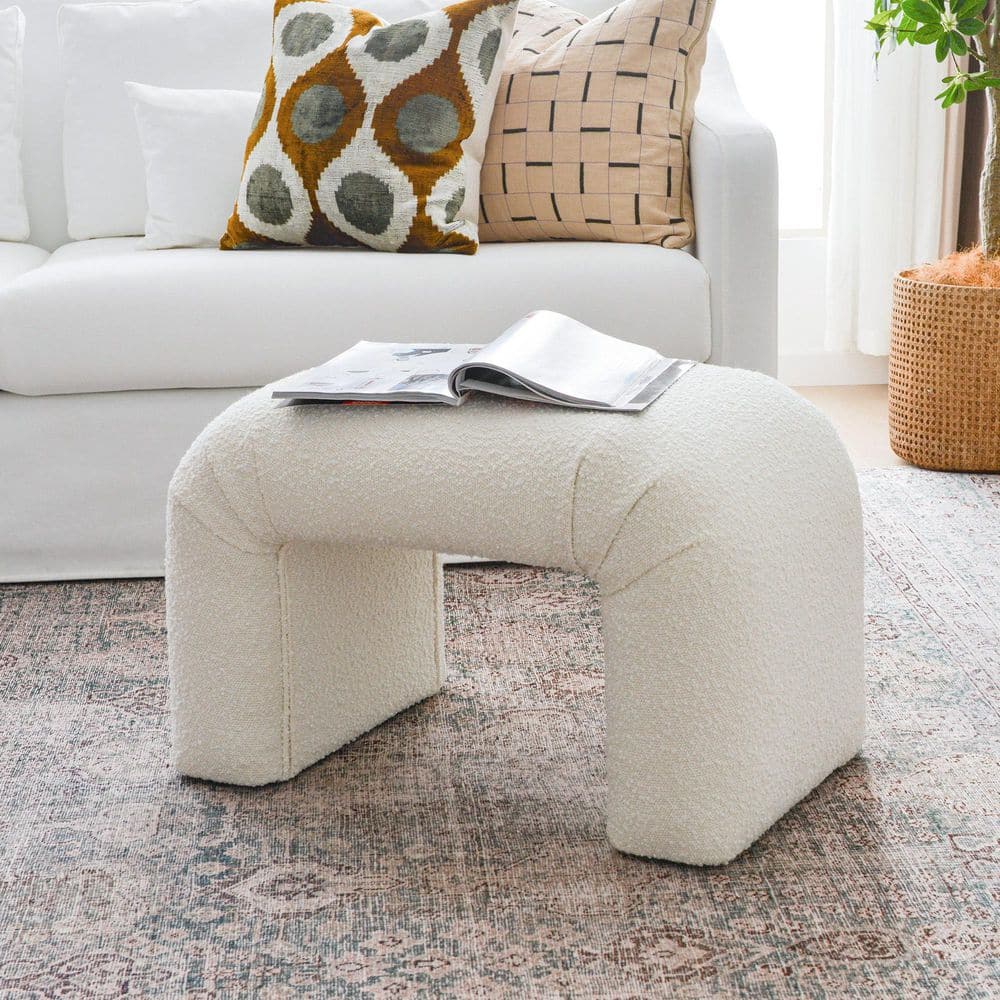 KINWELL Cream Modern Boucle Upholstered Rectangle Standard Ottoman ...