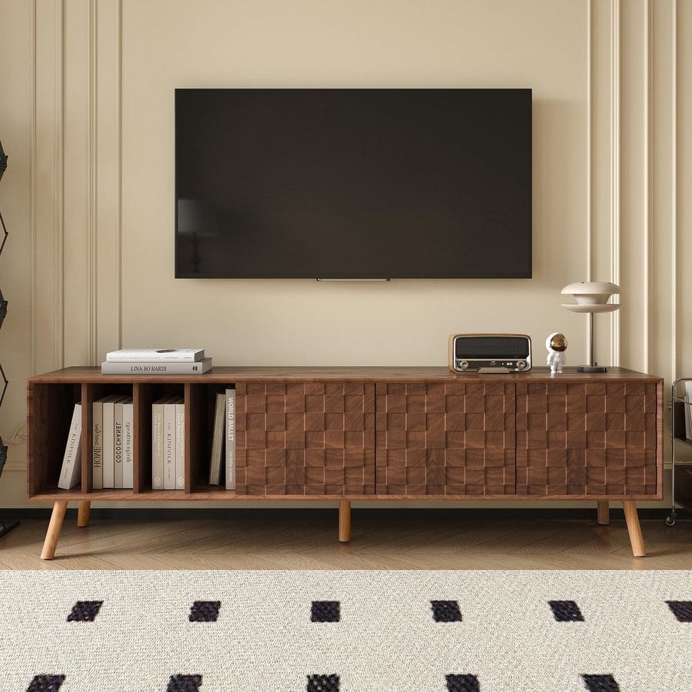 Seafuloy 70 in. Mid-Century Modern Walnut TV Stand Entertainment Center ...