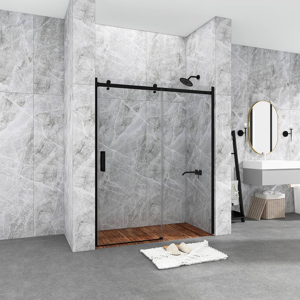 JimsMaison 60 in. W x 74 in. H Single Sliding Frameless Shower Door in Matte Black Finish with ...