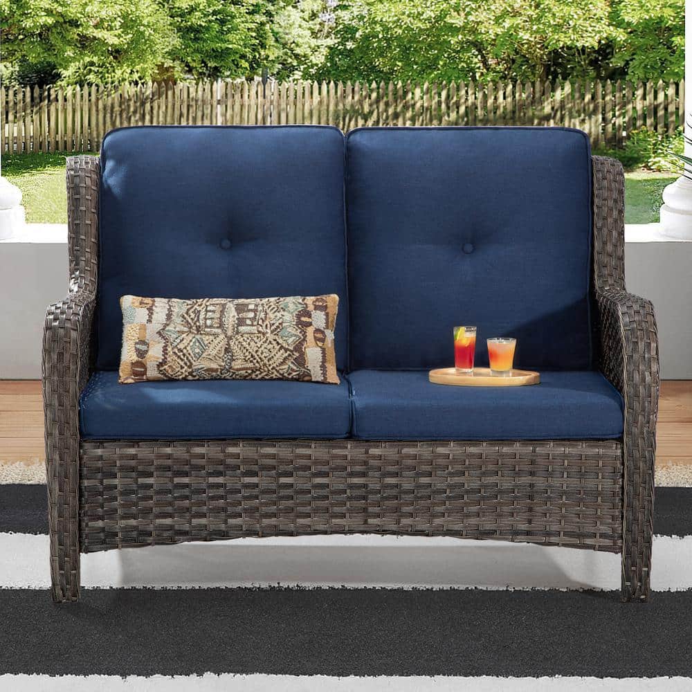 JOYSIDE Brown Wicker Outdoor Patio Loveseat with Blue Cushions M79-BLU ...