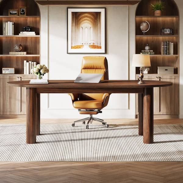 BYBLIGHT Moronia 63 in. Oval Walnut Wood Computer Desk Office Executive ...