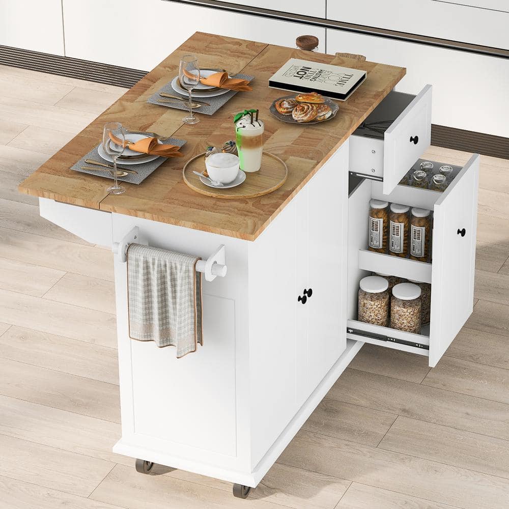 Harper & Bright Designs White Kitchen Cart with Drop-Leaf, Cabinet Door ...