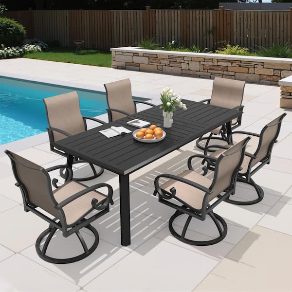 CLOUDFLY 7-Piece Outdoor Dining Set Black Aluminum Table and Ashe ...