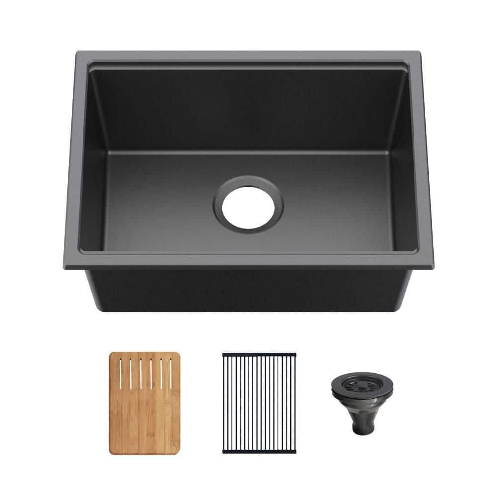 KIBI 23in. Undermount Single Bowl Matte Black Quartz Workstation ...
