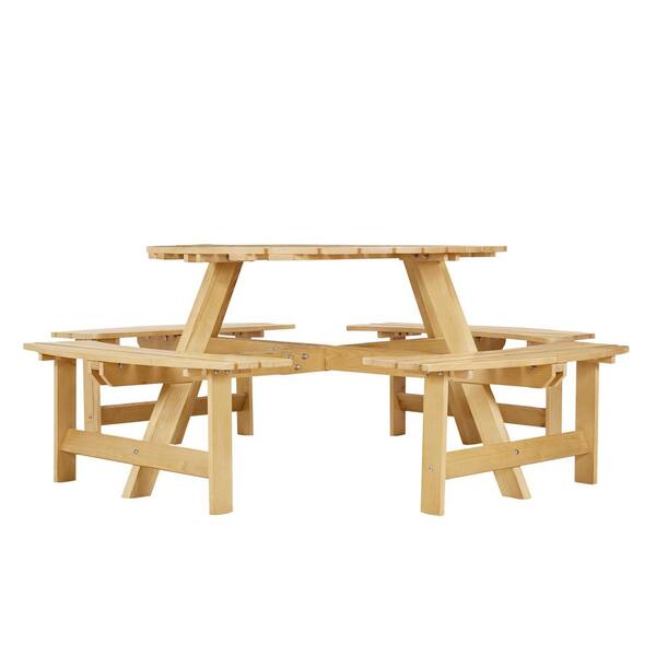 Outdoor 70.08 in. Round Pine Wood Picnic Tables Seats 8 People with ...
