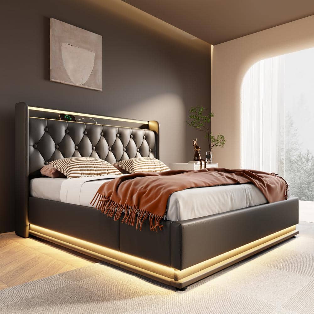 Black Wood and Metal Frame Upholstered PU Full Platform Bed with Hydraulic Storage USB Charging and 360 LED Light