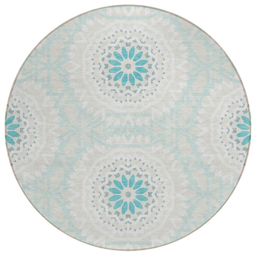 HomeRoots Teal Blue, Beige, Ivory 8 ft. Round Woven Floral, Medallion ...