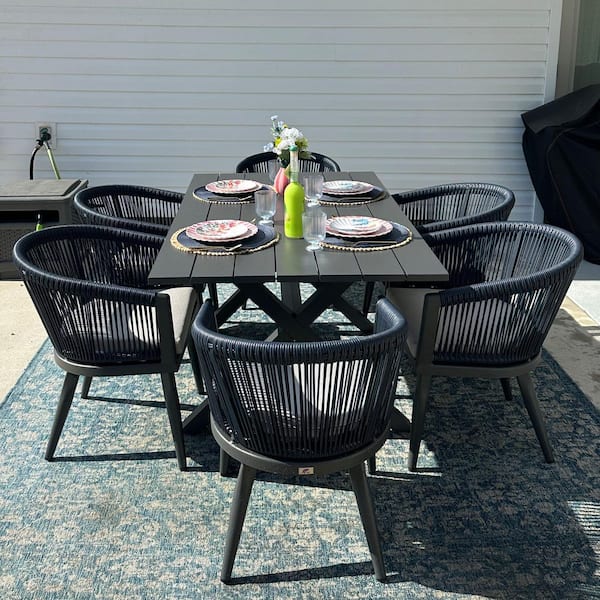 PURPLE LEAF 7-Piece Aluminum All-Weather Wicker Outdoor Dining Set with ...