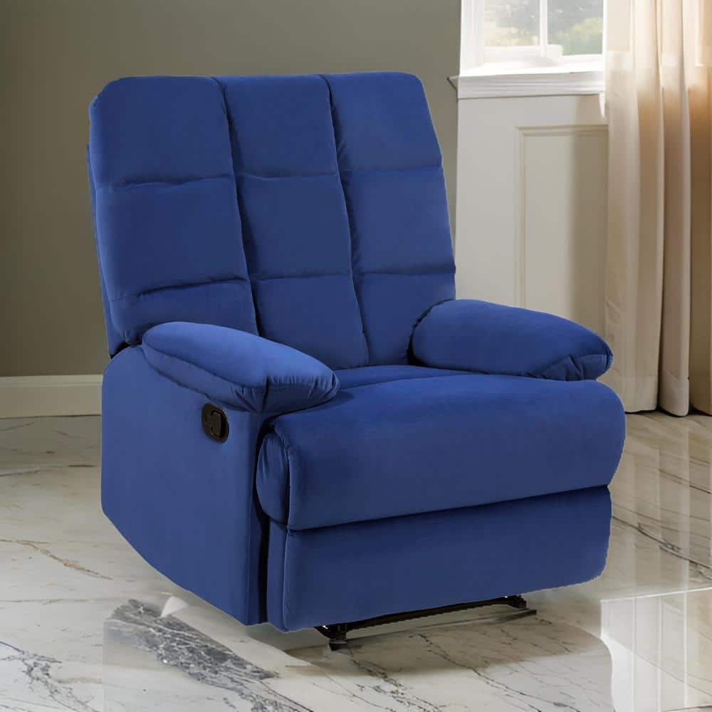 Benjara Blue Velvet Manual Recliner with Cushioned Seat and Solid Wood ...