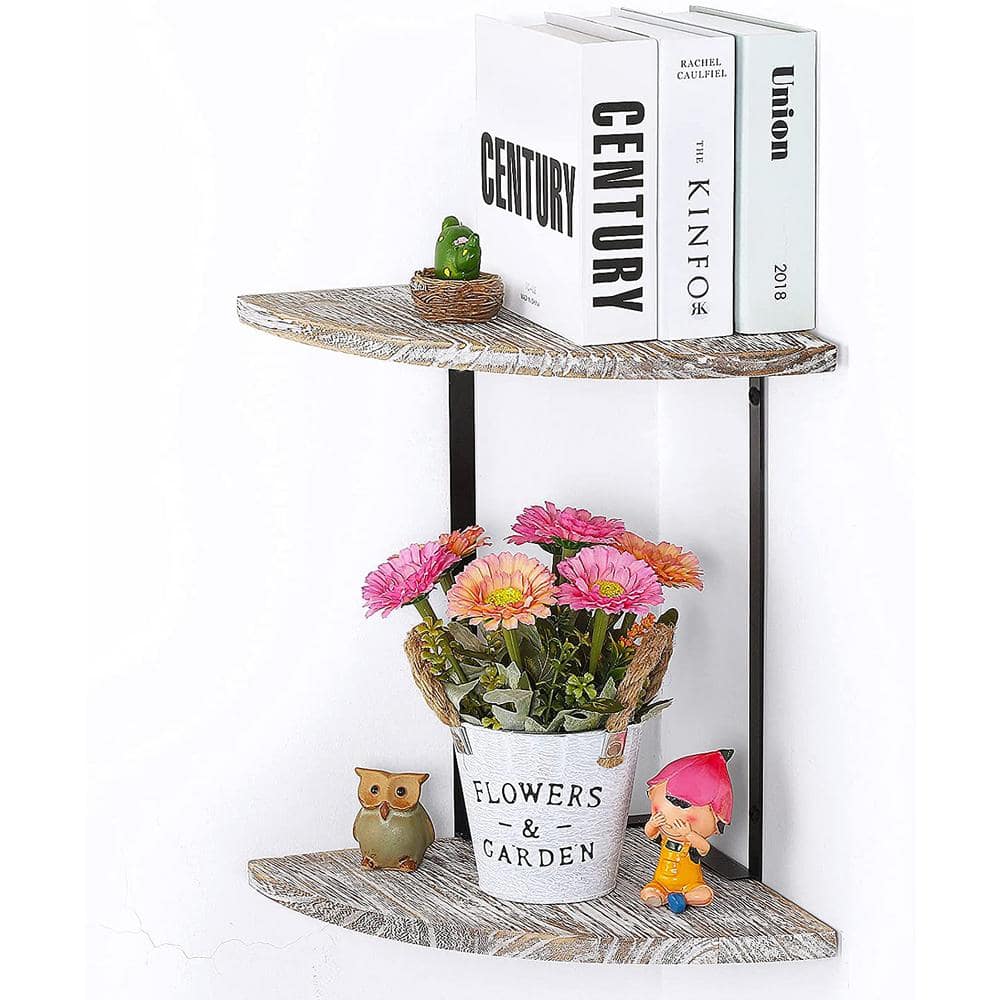 Oumilen 2-Tier Corner Brown Whitewash Shelf Floating Wall Mount Round ...