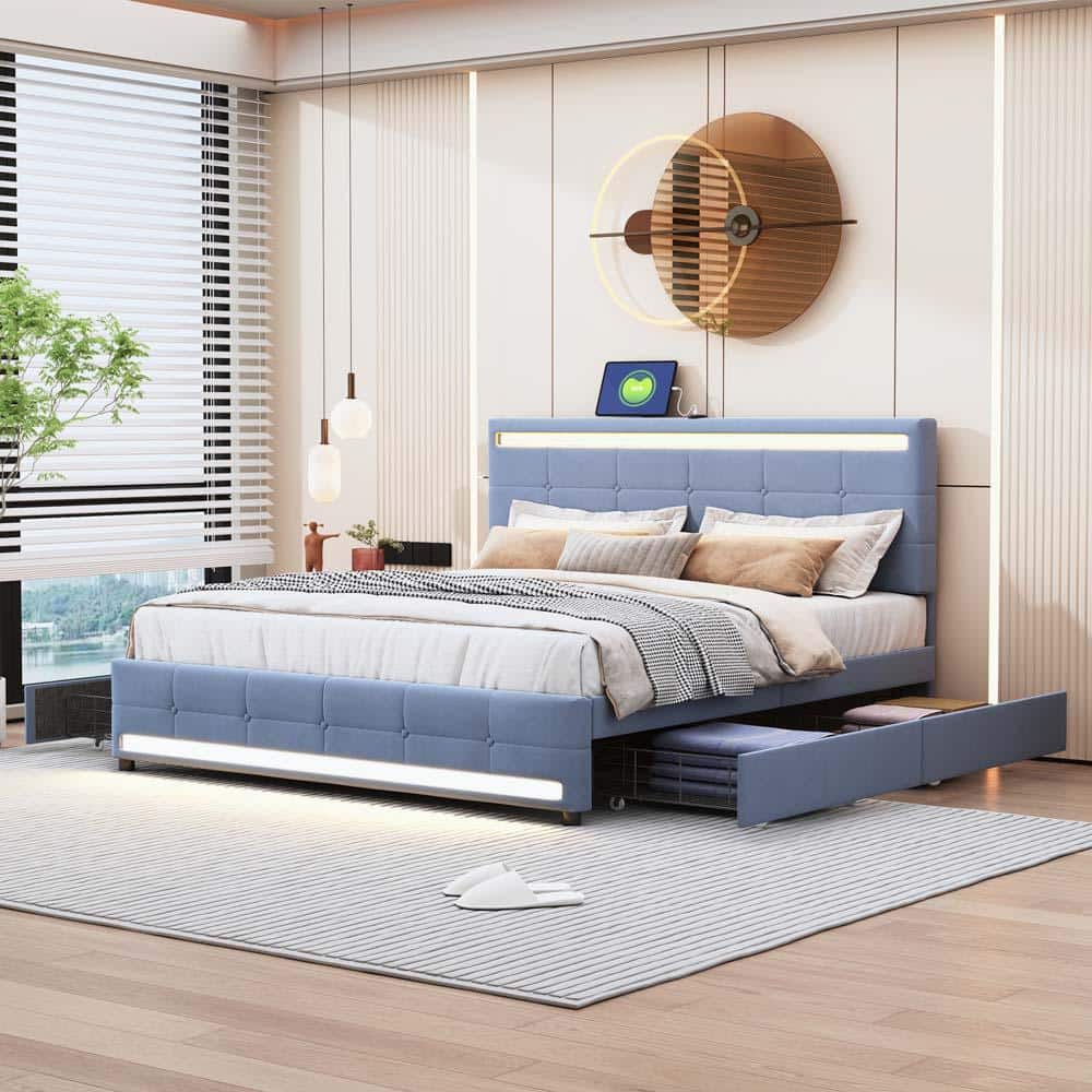 wetiny Gray Wood Frame Queen Size Platform Bed D-WF316449AAE - The Home ...