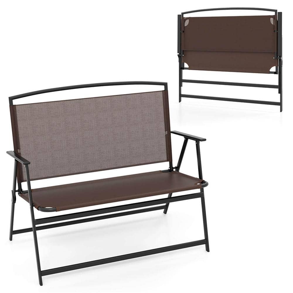 Costway Brown Metal Folding Beach Chair with Backrest and Armrests ...
