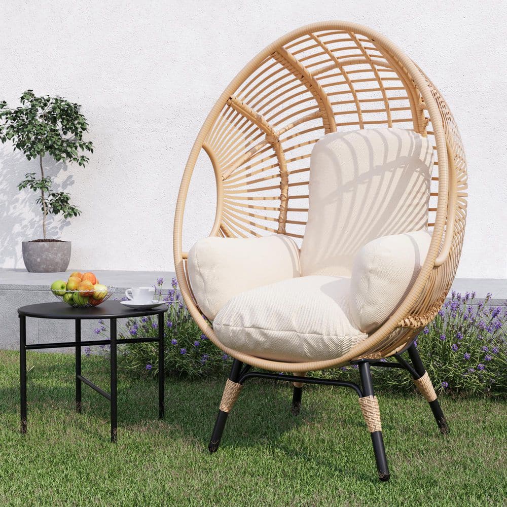 Wicker Weaving Outdoor Patio Lounge Chair, Egg Chair with Beige Cushion ...