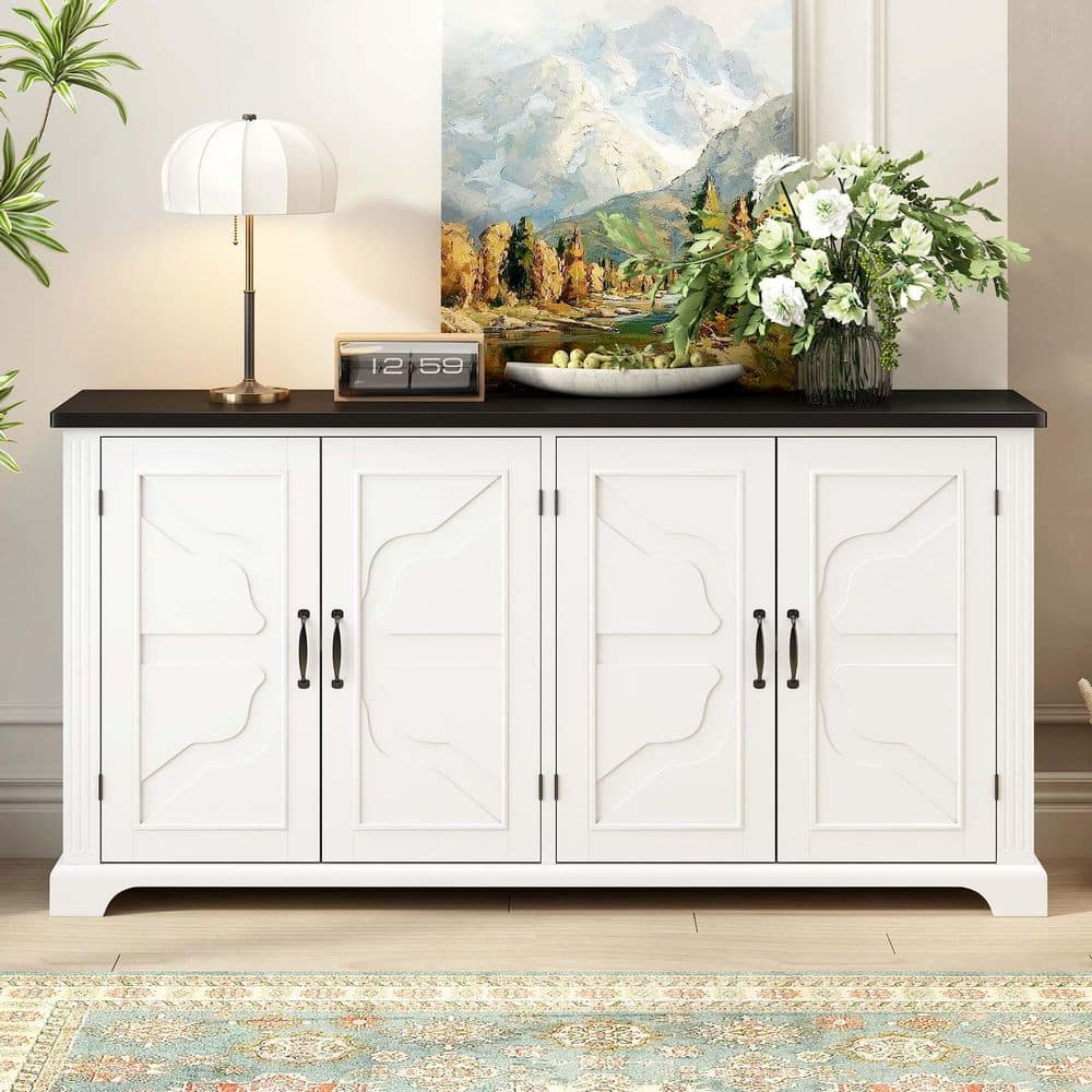 White MDF 62.8 in. Sideboard Vintage Entryway Console Table Buffet ...